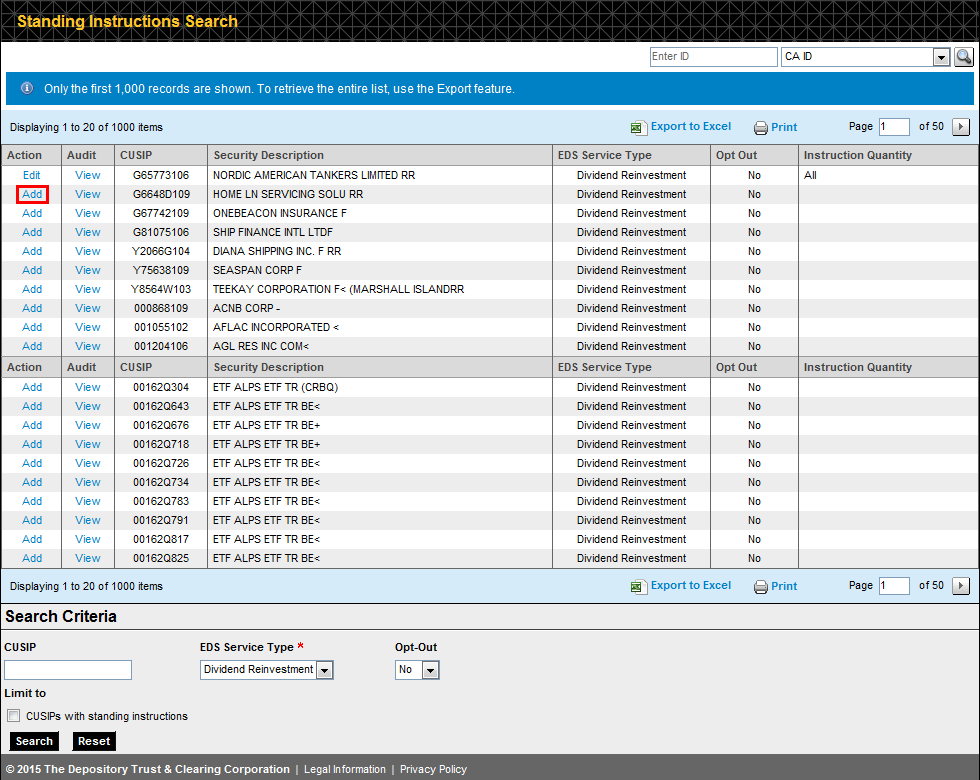 Adding CUSIP-Level Standing Instructions for Dividend Reinvestments
