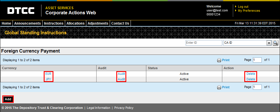 Adding and Deleting Global Standing Instructions for Foreign Currency