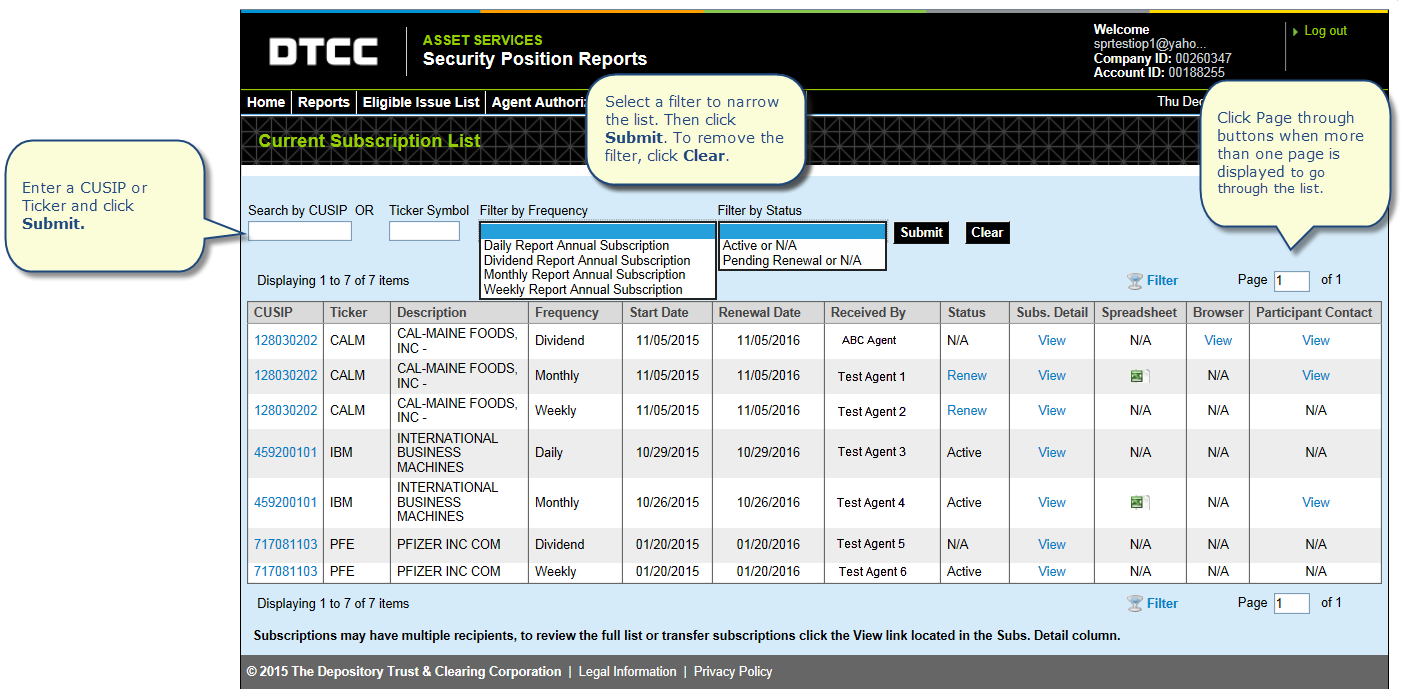 Current Subscriptions page